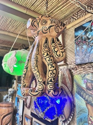 NEW Hanging Octopus Lamp w/ Blue Glass Fish Float Lamp LED Tiki bar ...