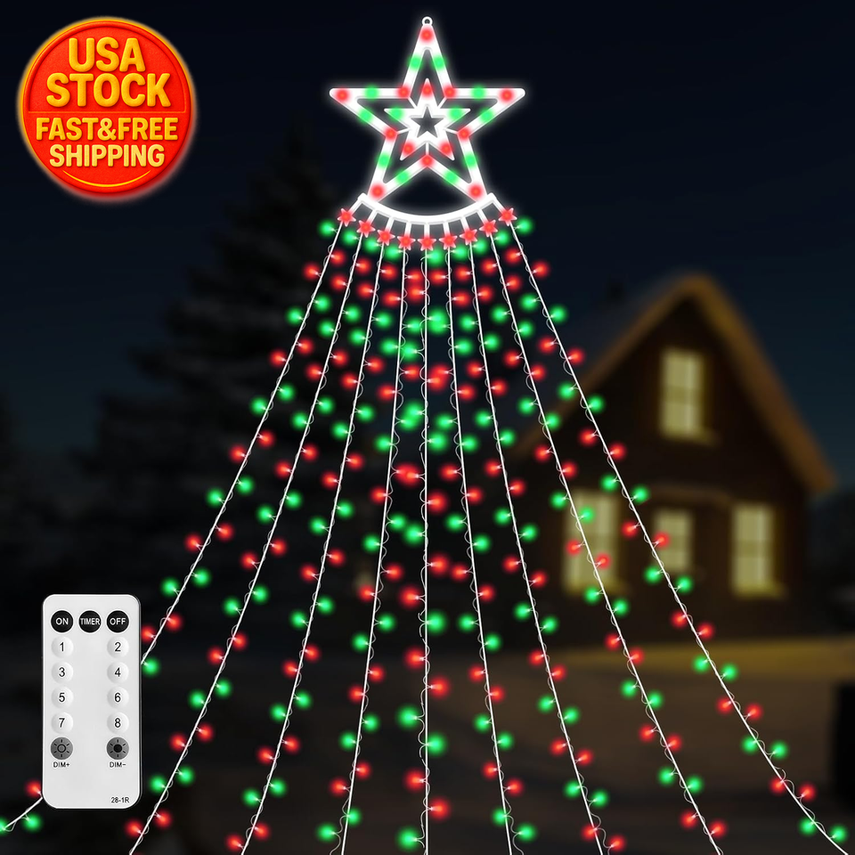 350 LED Christmas Star String Lights Waterfall 8 Modes Remote Timer ...
