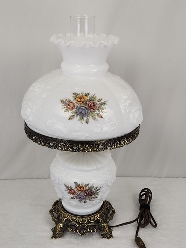 Vintage Fenton Embossed Roses Milk Glass Table Lamp Puffy Rose Design ...