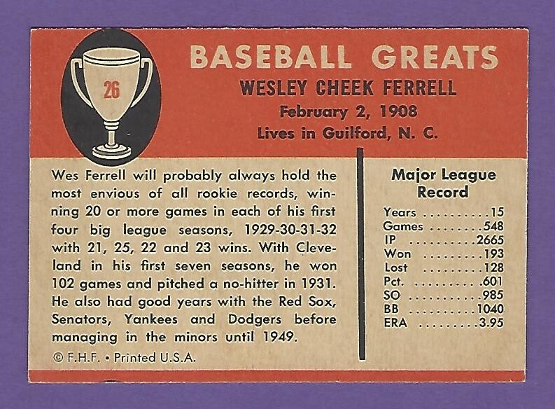 1961 Fleer Baseball Greats - #26 Wes Ferrell - Ex+ CENTERED | eBay