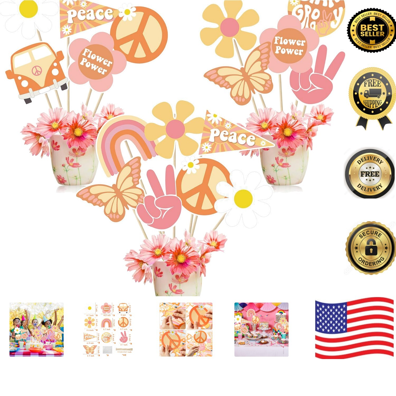 Star Groovy Themed Table Centerpieces - Double-Sided Retro Hippie ...