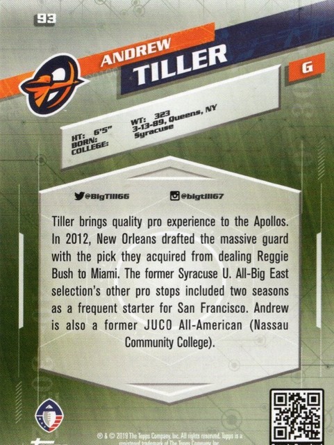 2019 Topps Alliance of American Football - Gold #93 Andrew Tiller /25 ...