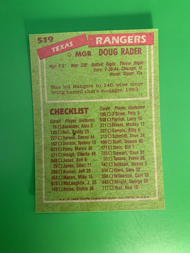 1985 Topps Doug Rader #519 Texas Rangers | eBay