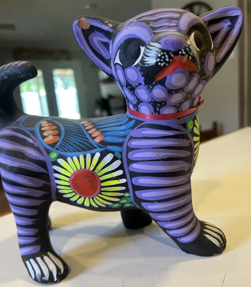 Hand painted Mexican Art Pottery Talavera Cat Terracotta Decor Colorful ...