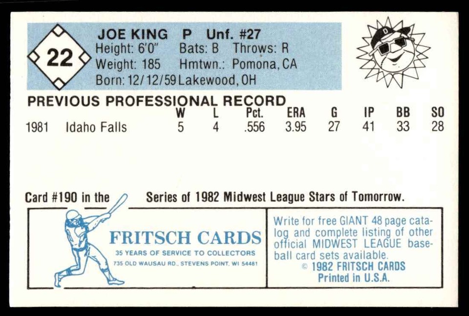 1982 Fritsch Danville Suns Joe King Danville Suns #22 | eBay