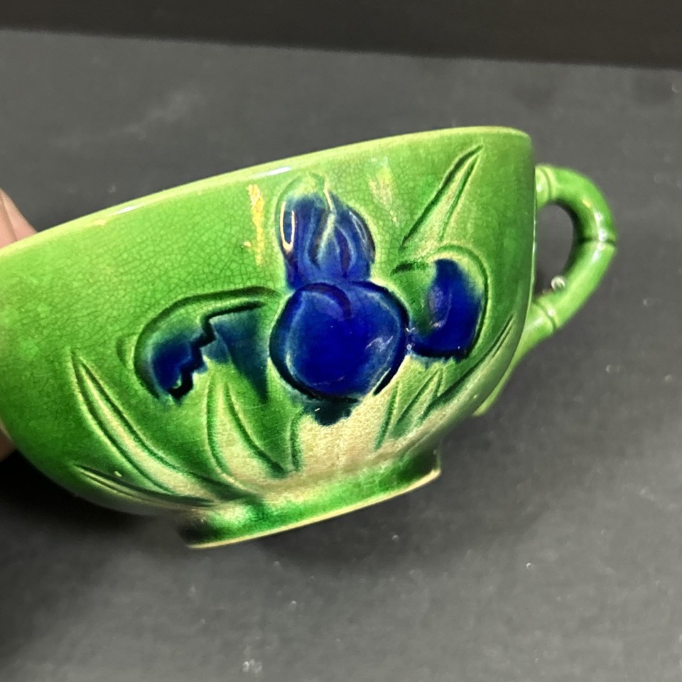 Japanese Antq Tea Cup & Saucer Bowl Awaji Pottery Blue Iris Arts Crafts ...