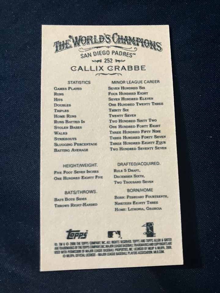 2008 Topps Allen and Ginter Mini #252 Callix Crabbe San Diego Padres | eBay