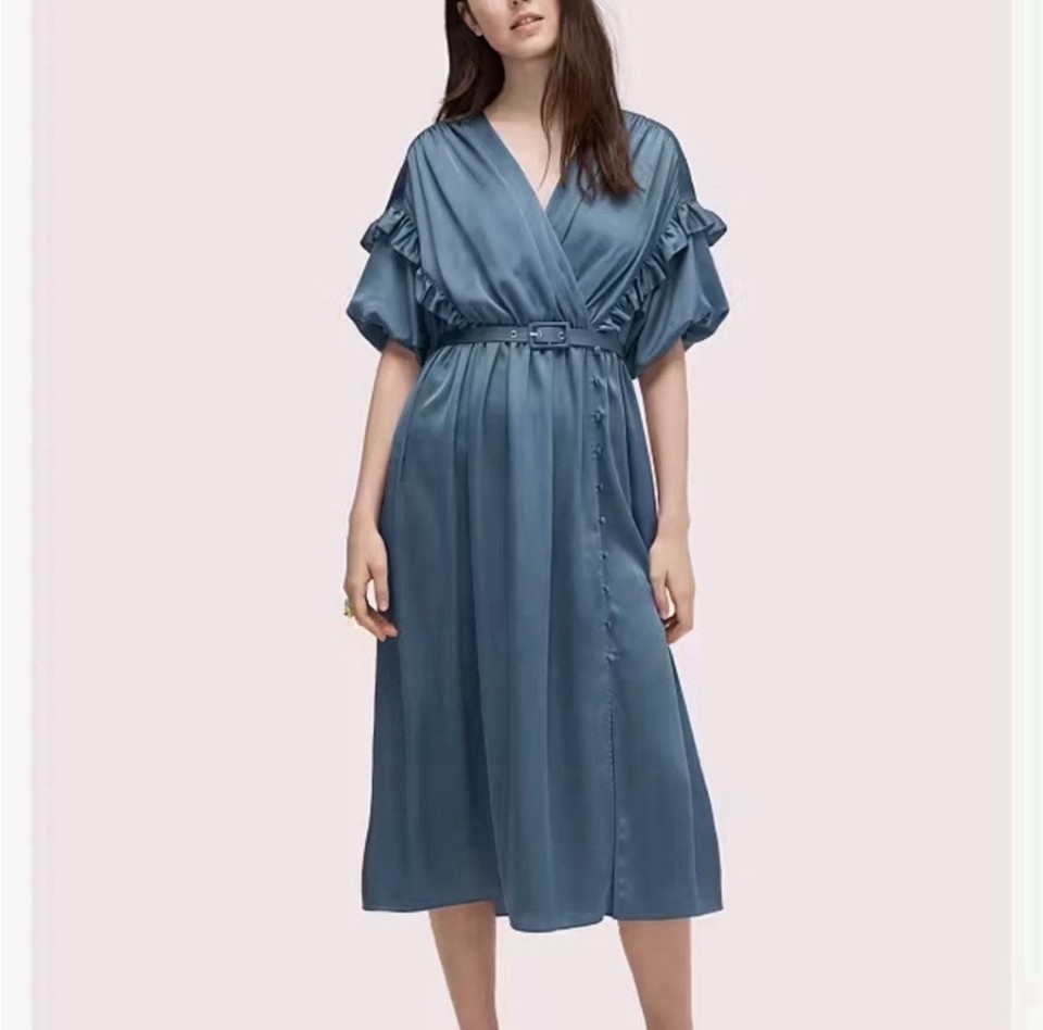 Kate Spade Blue Satin Belted Midi Dress Suki Waterhouse Size XXS | eBay