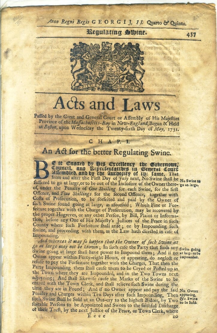 AN ACT FOR THE BETTER REGULATING SWINE RARE MASS BAY COLONY DOCUMENT ...