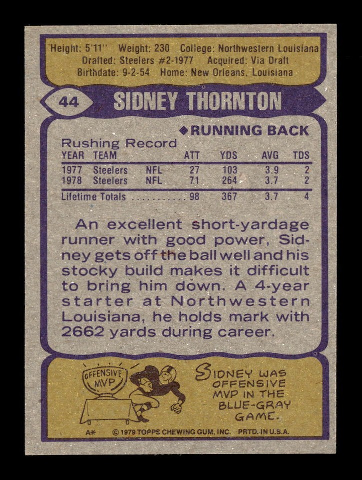 1979 Topps #44 Sidney Thornton Pittsburgh Steelers Rookie RC EX Card ...