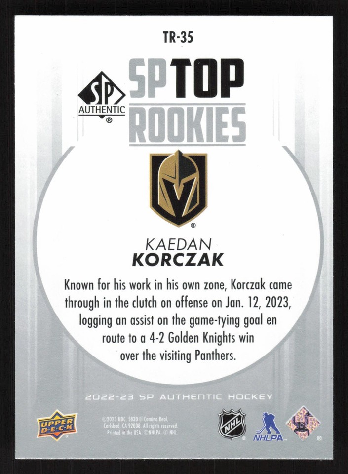 2022-23 Upper Deck SP Authentic Kaedan Korczak SP Top Rookies | eBay