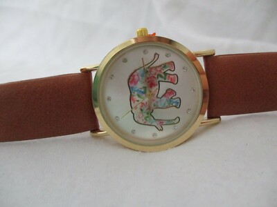 Colorful Elephant Watch Gold Toned Round Face Brown Buckle Band WORKING ...