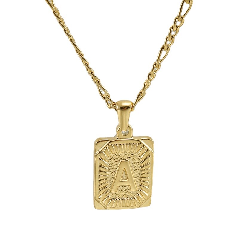 18K Gold Plated Square Capital Letter A-Z Monogram Pendant Figaro Chain ...