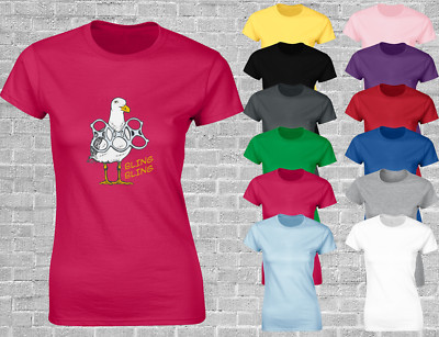 BLING BLING SEAGULL LADIES T SHIRT FUNNY ANIMAL DESIGN SEASIDE BEACH ...