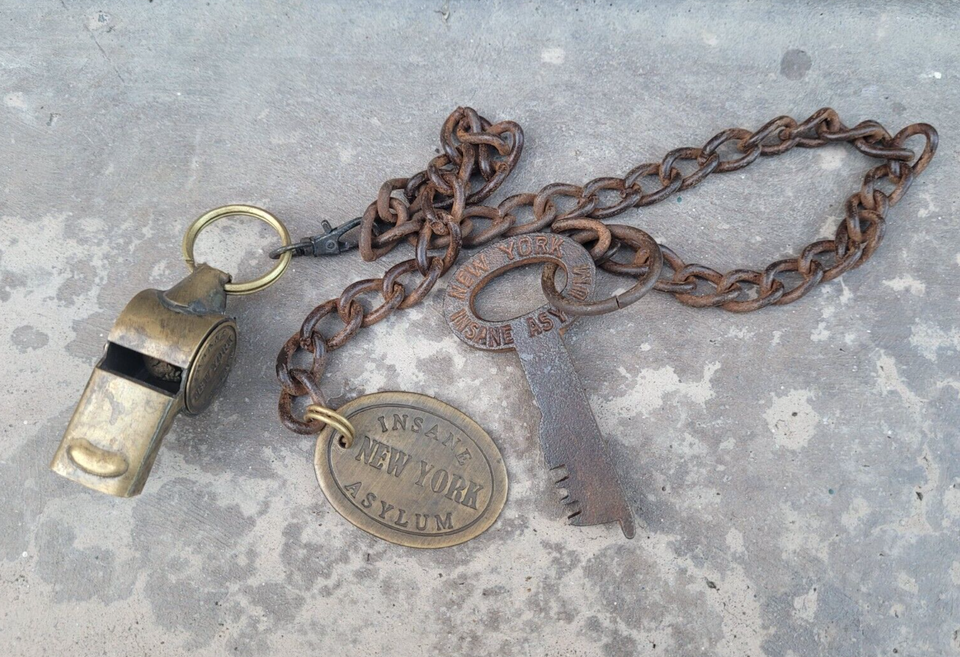 New York Insane Asylum Prison Guard Iron Cell Key Chain Tag Solid Brass ...