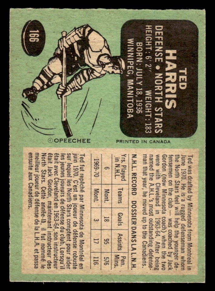 1970 OPC O-Pee-Chee Hockey #166 Ted Harris EX/MT | eBay