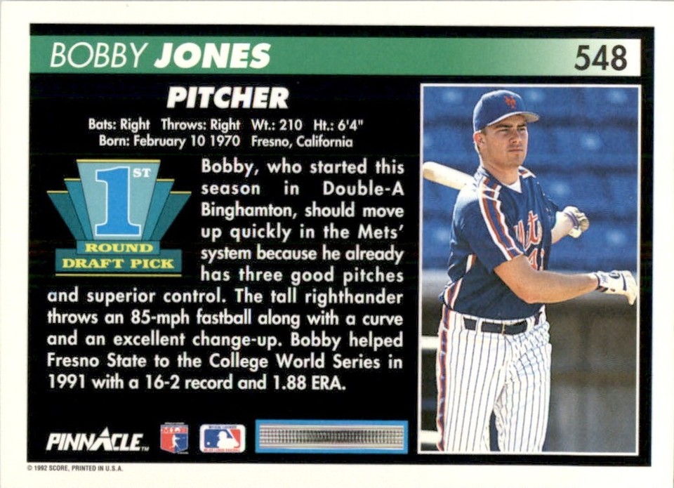 1992 Pinnacle Bobby Jones New York Mets #548 Baseball Card | eBay