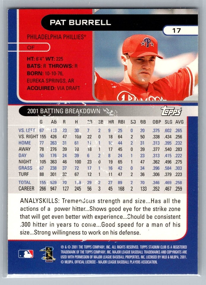 2001 TOPPS STADIUM CLUB CARD # 17 Pat Burrell - Philadelphia Phillies ...