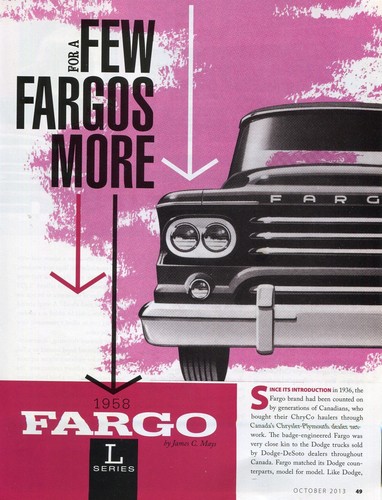 PLYMOUTH FARGO D100 PICKUP 1958 3 pages article couleur CANADIAN DODGE ...