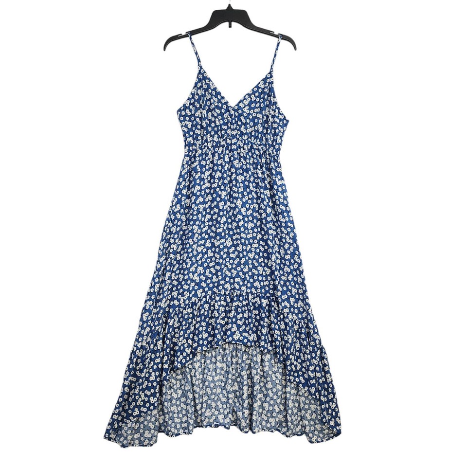 Womens Blue Floral Sundress Maxi Dress Spaghetti Strap Hi Low Ruffle M ...