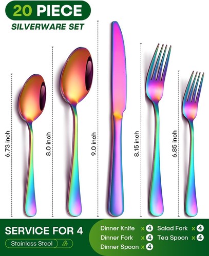20 Piece Rainbow Silverware Set Stainless Steel Flatware for 4 Colorful ...