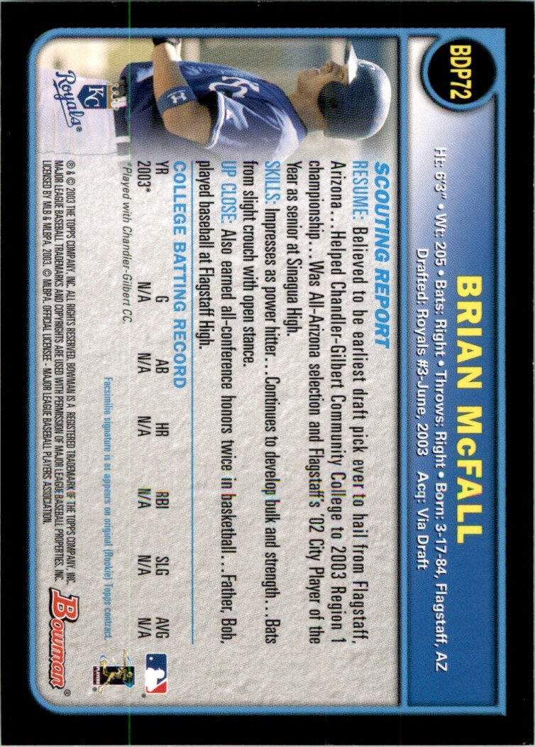 2003 BOWMAN DRAFT PICKS & PROSPECTS - RC #BDP72 BRIAN MCFALL KANSAS ...