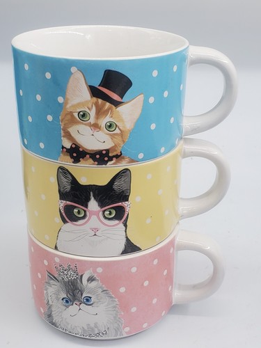 Pier 1 Party Cat Mugs Stackable In Metal Holder Stoneware Polkadot Set ...