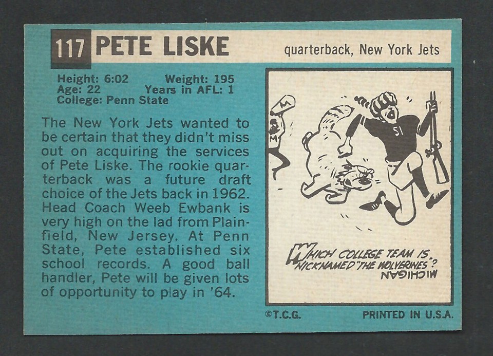 1964 Topps #117 PETE LISKE New York Jets ROOKIE CARD - EXMT | eBay