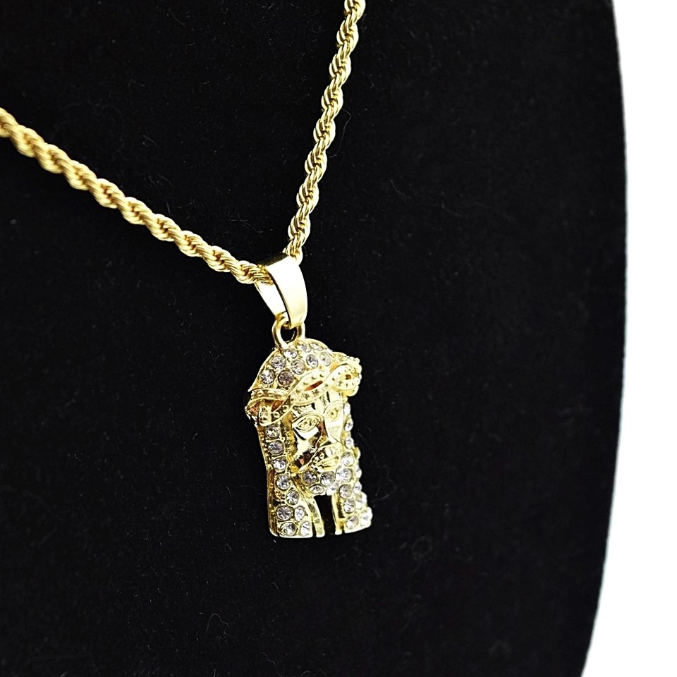 Micro Jesus Head Iced Simulated CZ Pendant Chain Gold Plated 24" Rope ...