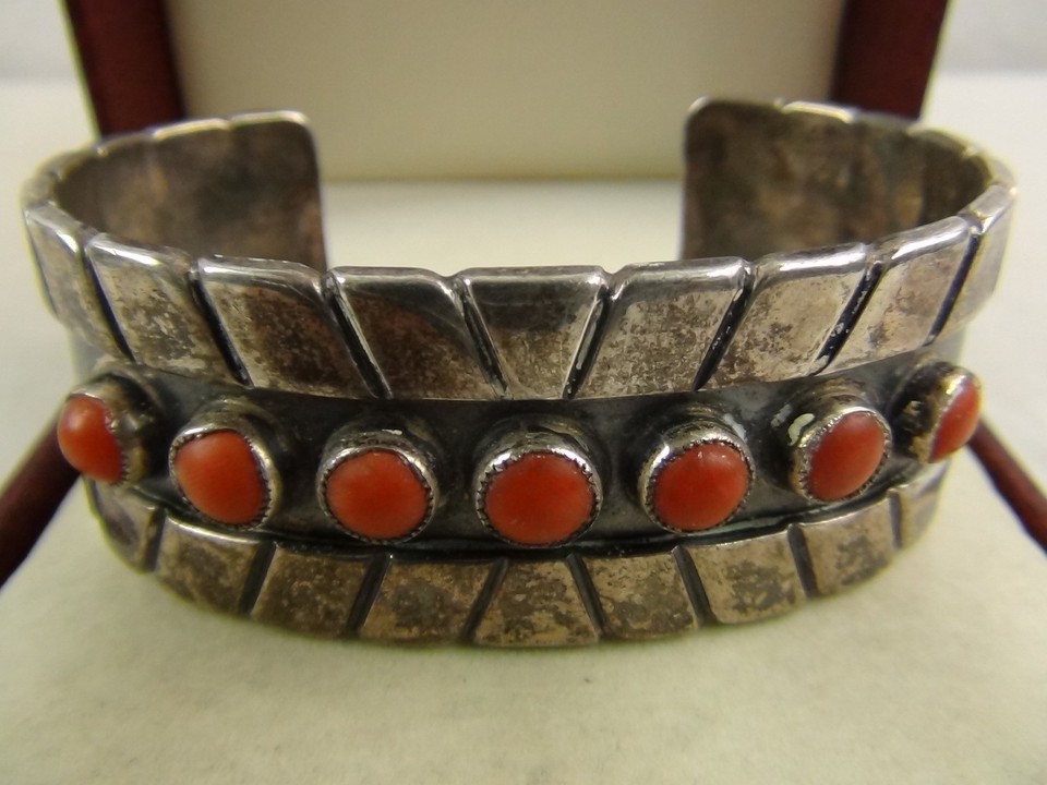 Navajo Carl Begay HEAVY 53g 6-7/8" Sterling Silver 7 Coral Cuff ...
