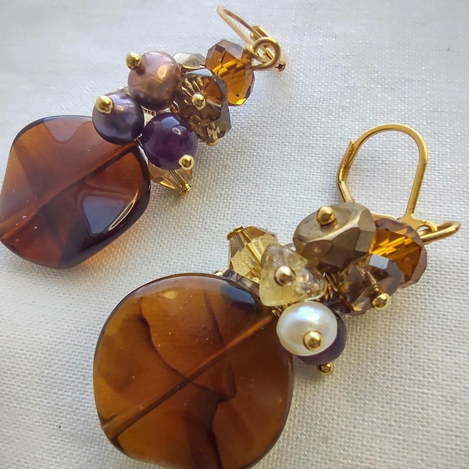Handmade Bauble Gem / Glass / Pearl Mix Gold Tone Chandelier Earrings ...
