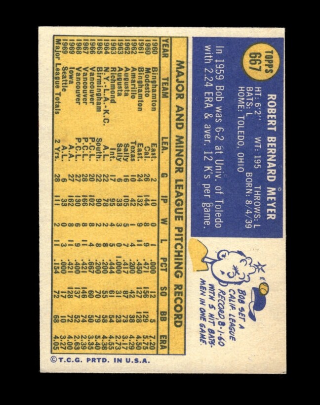 1970 Topps Set-Break #667 Bob Meyer EX-EXMINT *GMCARDS* | eBay