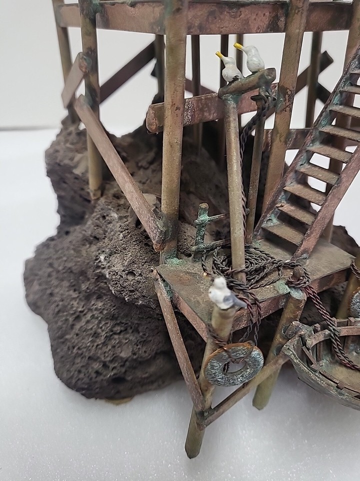 Vintage Tomoyo Metal Copper Model House Boats Seagulls on Volcanic ...