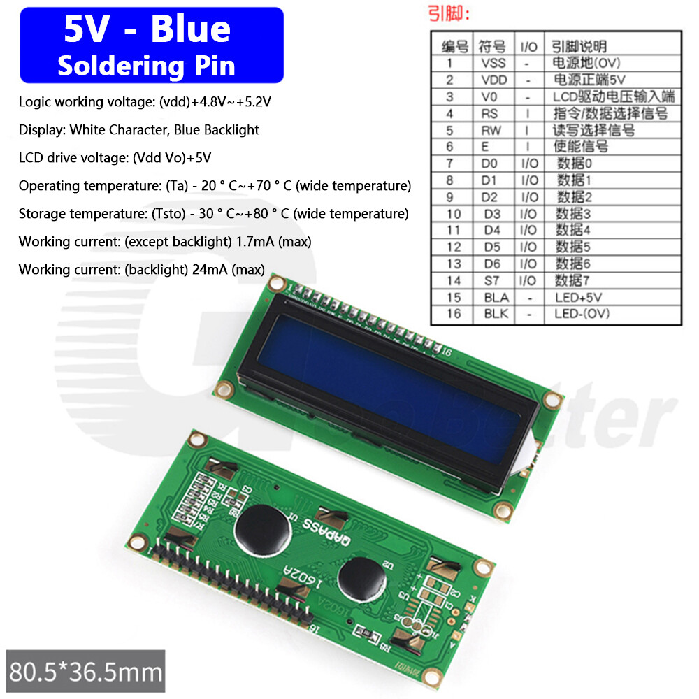 LCD Character Display Module 1602A 3.3V 5.5V Backlight Blue Yellow Grey ...