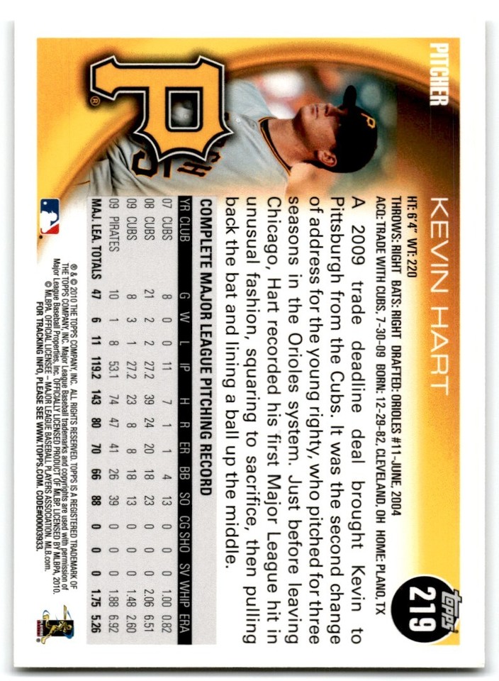 2010 Topps Kevin Hart Pittsburgh Pirates #219 | eBay