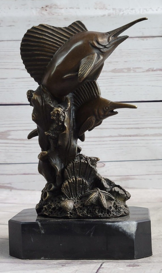 Art Deco Marlin Fishes 100% Solid Bronze Sculpture Lost Wax Method ...