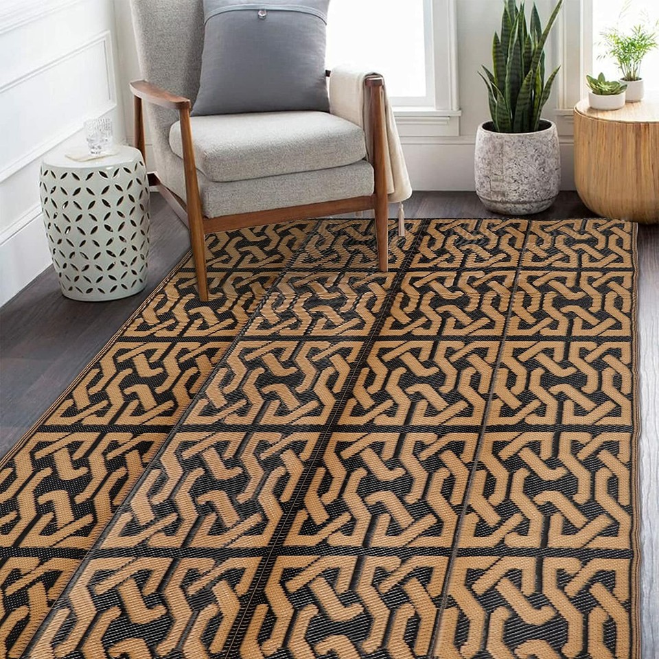 Black Brown Geometric RV Mat Rug 5 x 8 ft Foldable Outdoor Patio Deck ...