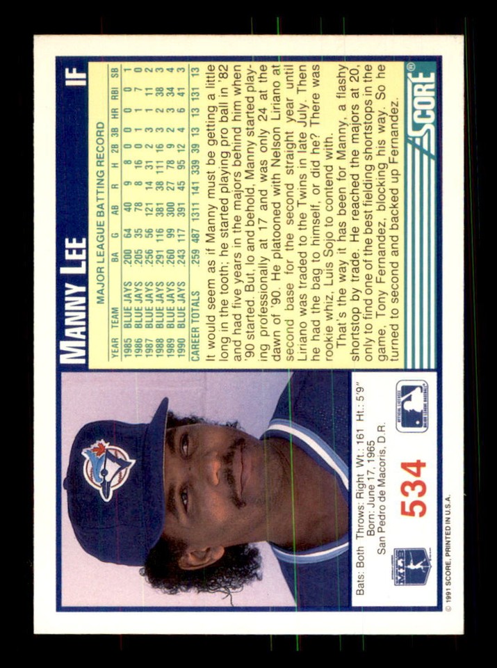 1991 Baseball Score Manny Lee Toronto Blue Jays #534 | eBay