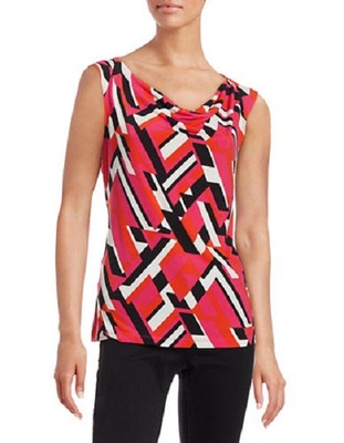Kasper Pink Rose-Multi Geometric Stretch Jersey Cowl Neck Cami Tank Top ...