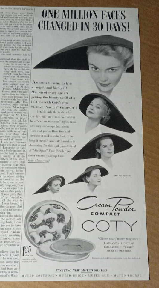 1953 print ad -Coty cosmetics powder compact LILLY DACHE hat fashion ...
