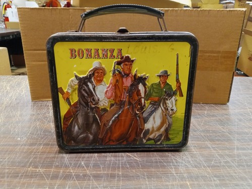 Vtg 1968 Bonanza Metal Lunch Box Black Rim Western Aladdin Industries ...