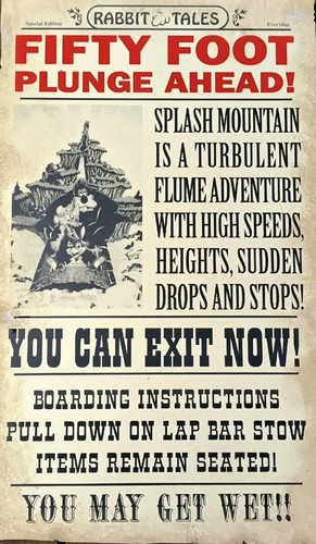Splash Mountain You May Get Wet 50Ft Plunge Ahead Warning Boarding ...