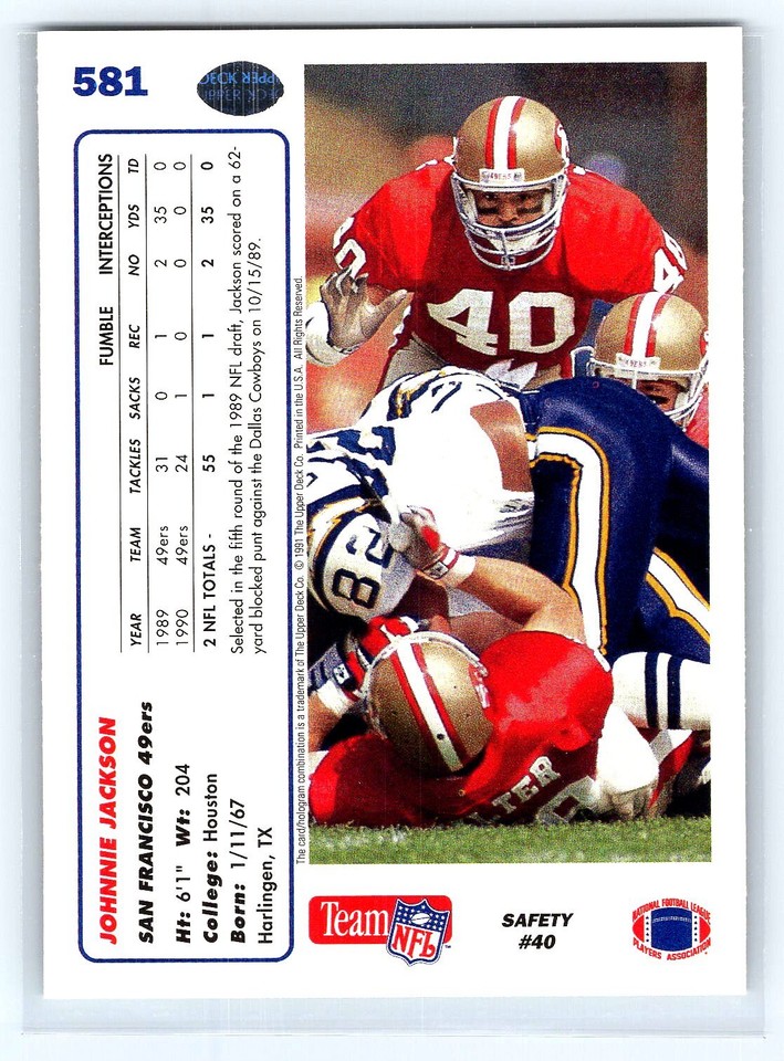 1991 Upper Deck #581 Johnnie Jackson Football Rookie San Francisco ...
