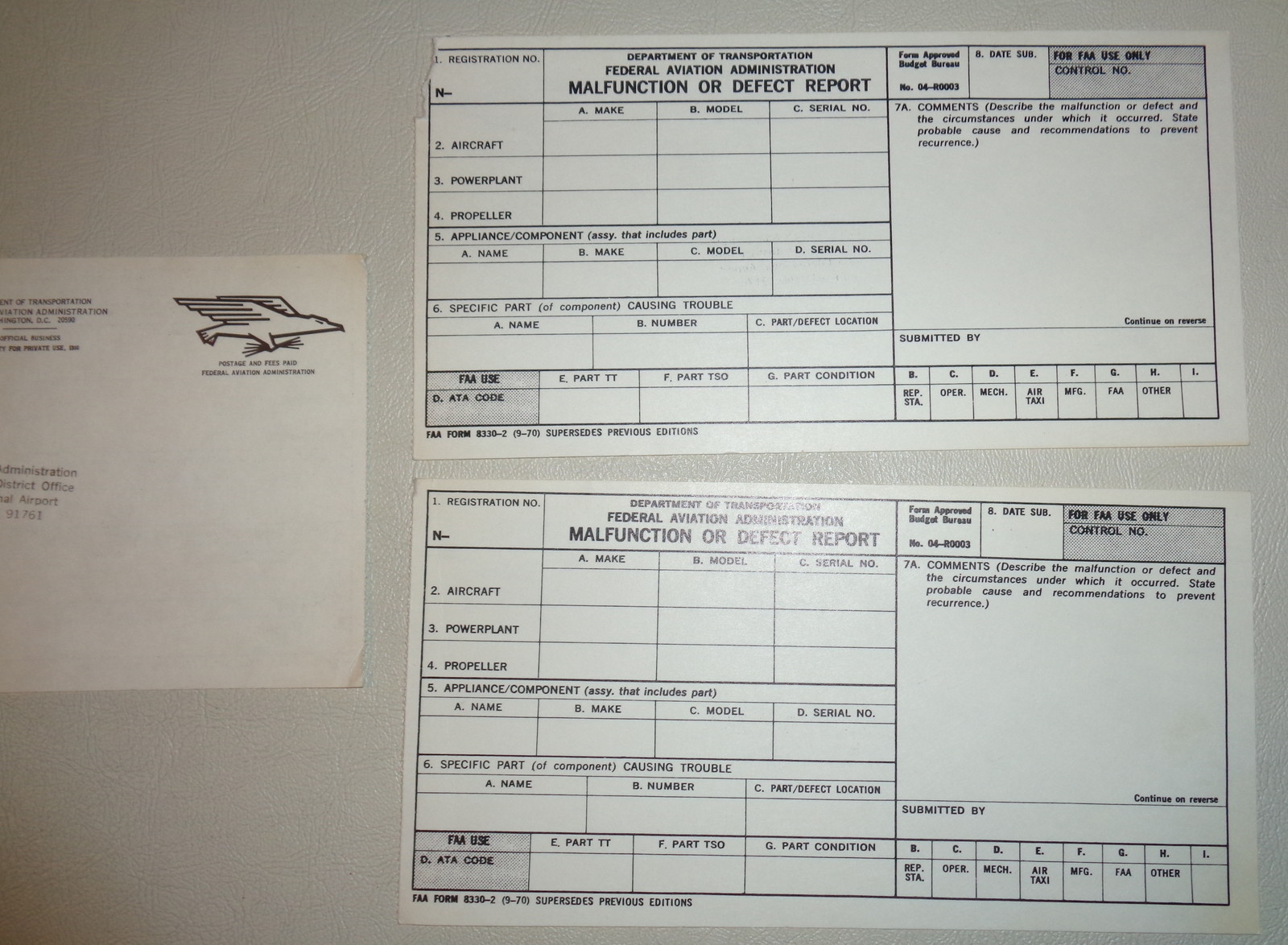 1970'S or late 1960'S AVIATION MALFUNCTION OR DEFECT REPORT CARD (qty ...