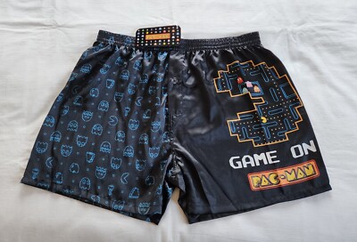 Namco Pac-Man Mens Pacman Game On Black Printed Satin Boxer Shorts Size ...