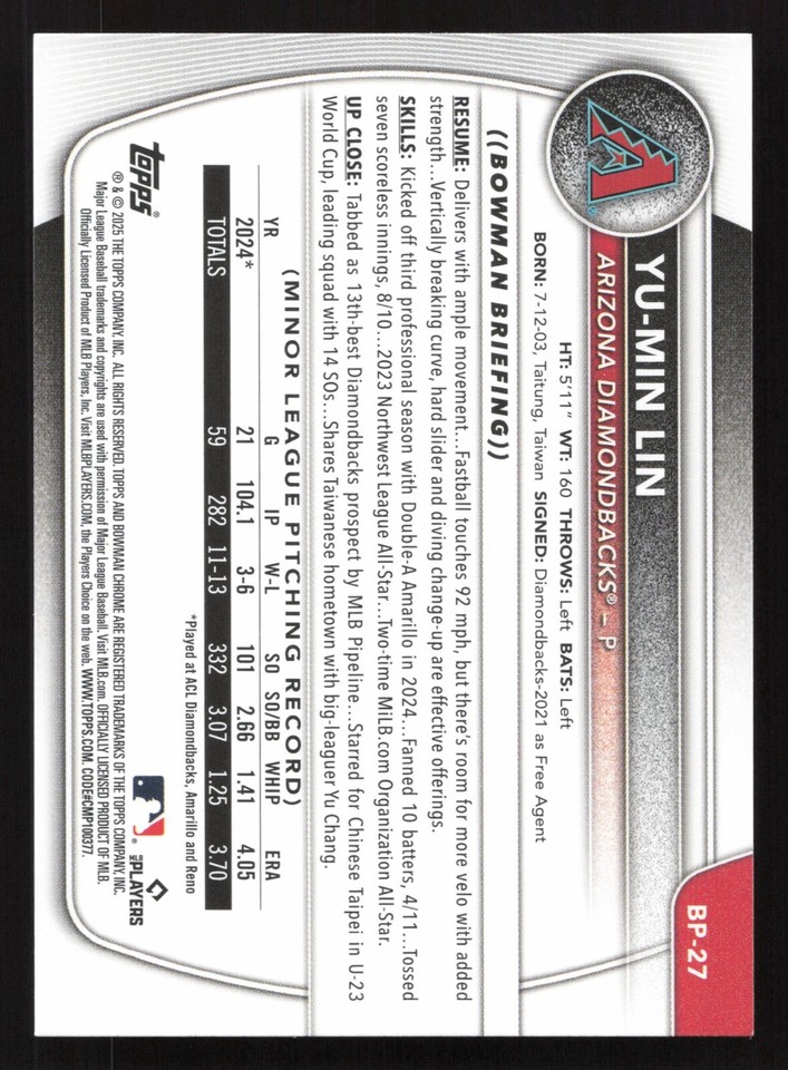 2025 Bowman #BP-27 Yu-Min Lin 1ST RC Rookie Card Arizona Diamondbacks ...