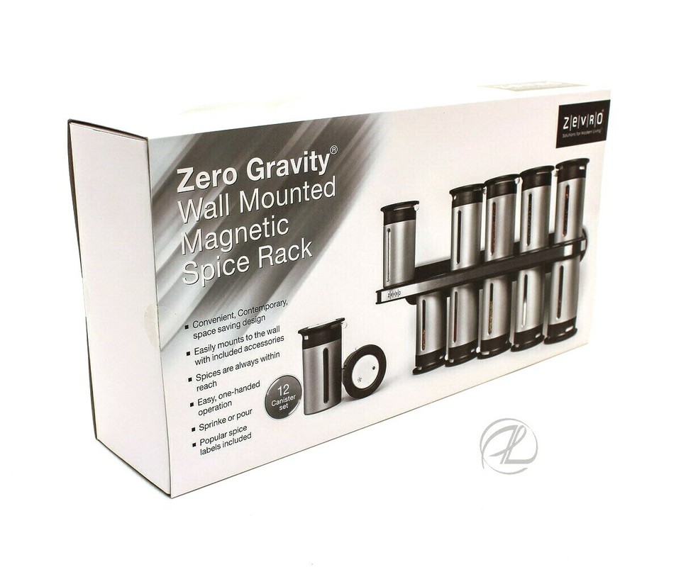 Zevro Spice Rack Gravity Magnetic NEW 12 Canisters Black Silver Wall ...