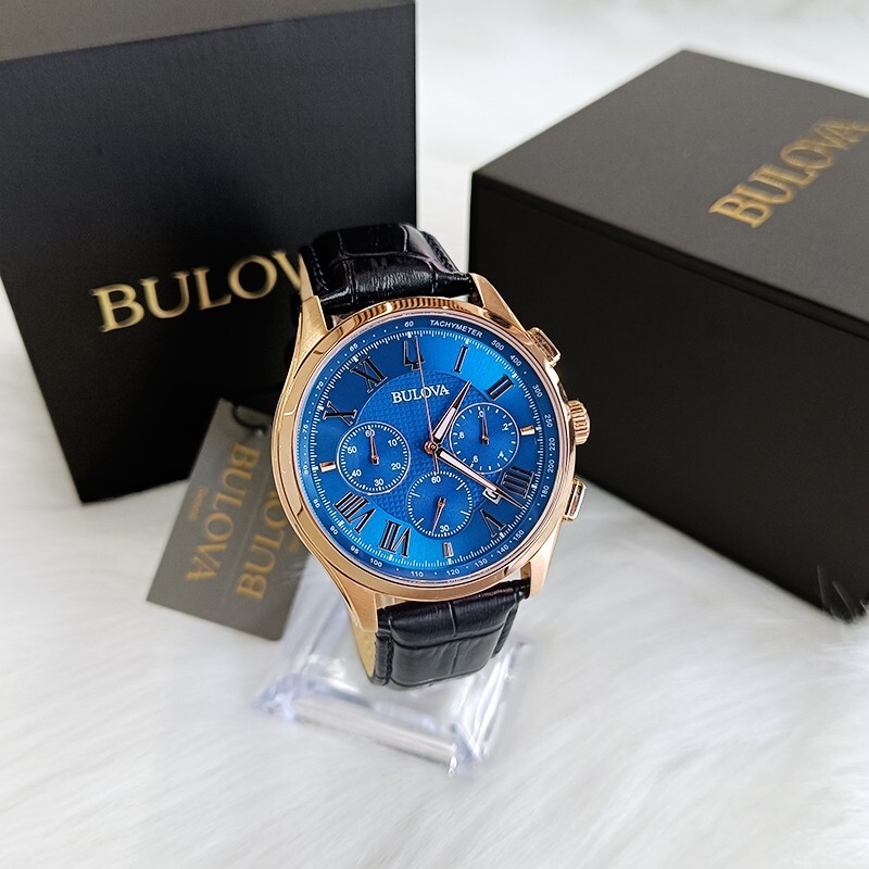 Men's Bulova Wilton Blue Classic Chronograph 97B170 Quartz Leather ...