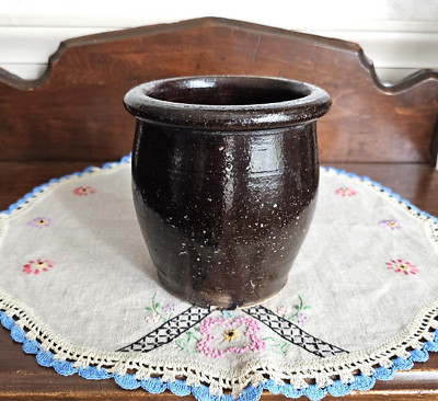Antique Primitive Apple Butter Crock Brown Glaze 1800s PA Dutch Redware ...