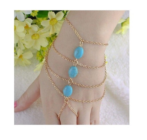 Turquoise Tassel Gold Bracelet Bangle Finger Hand Chain Ring Harness ...